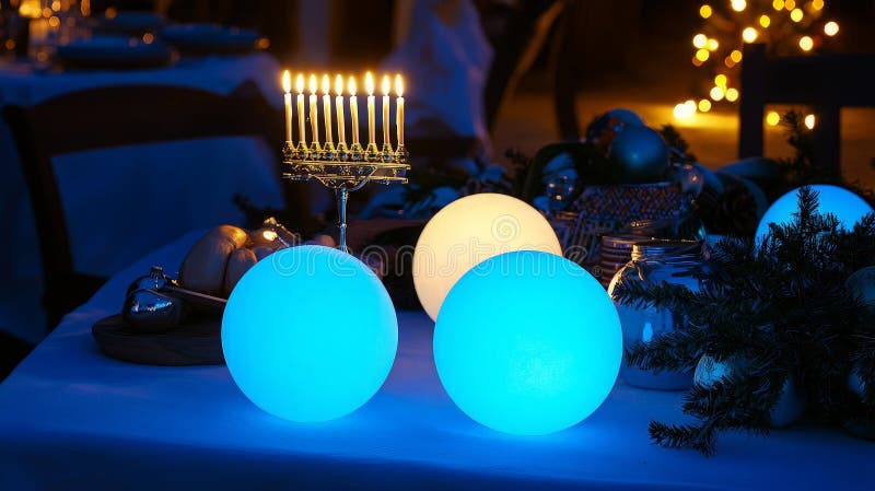 Festive Table Setting with Menorah, Illuminated Spheres, and Winter ...