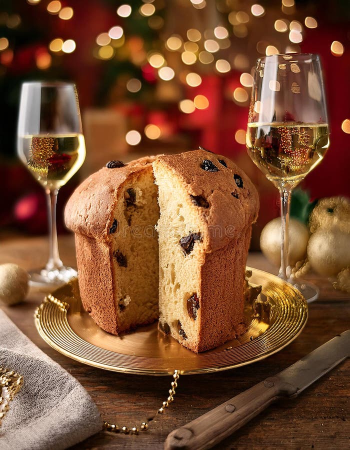 A Festive Table Setting with a Panettone Cake and Two Glasses of ...