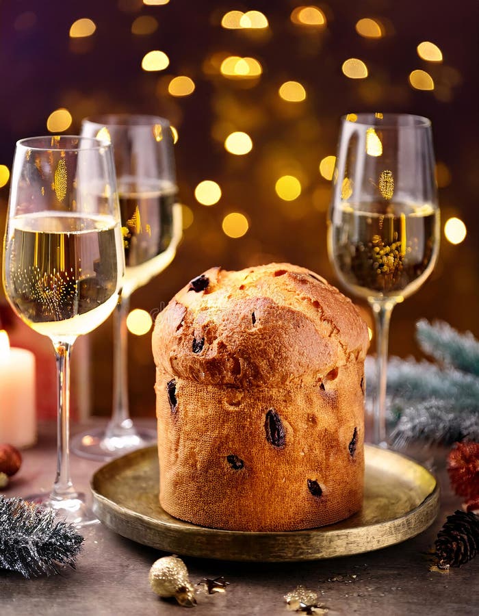 A Festive Table Setting with a Panettone Cake, Two Glasses of Sparkling ...