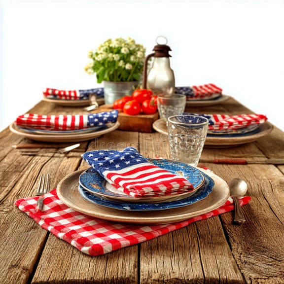 Festive Table Setting with Patriotic Napkins and Rustic Elements on ...