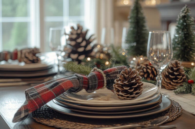 Festive Table Setting with Pine Cones and Plaid Napkin Stock ...