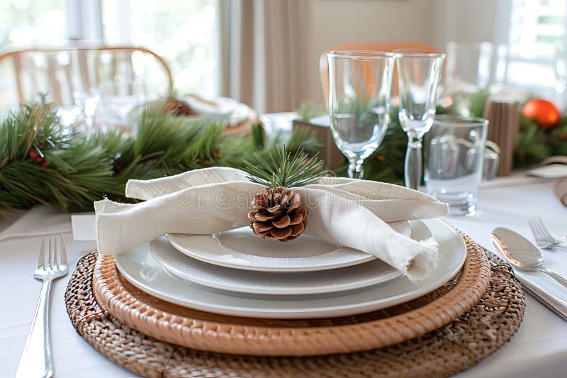Festive Table Setting with Pinecone and Evergreen Garland in Cozy ...
