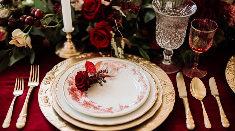 Festive Table Setting in Red and Gold Colors for Holiday Dinner Stock ...