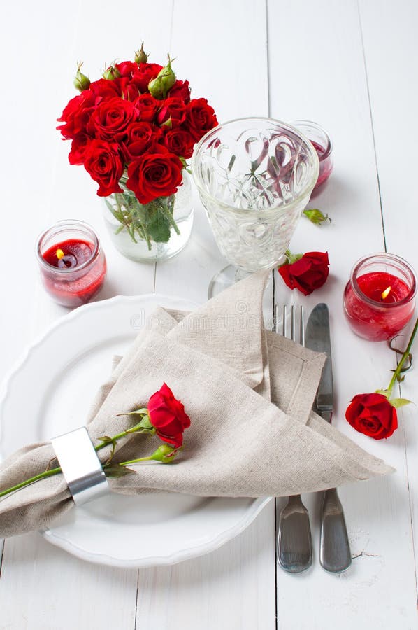 Festive Table Setting with Red Roses Stock Image - Image of festive ...