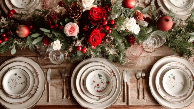 Festive Table Setting with Red Roses and Pine Garland Stock ...