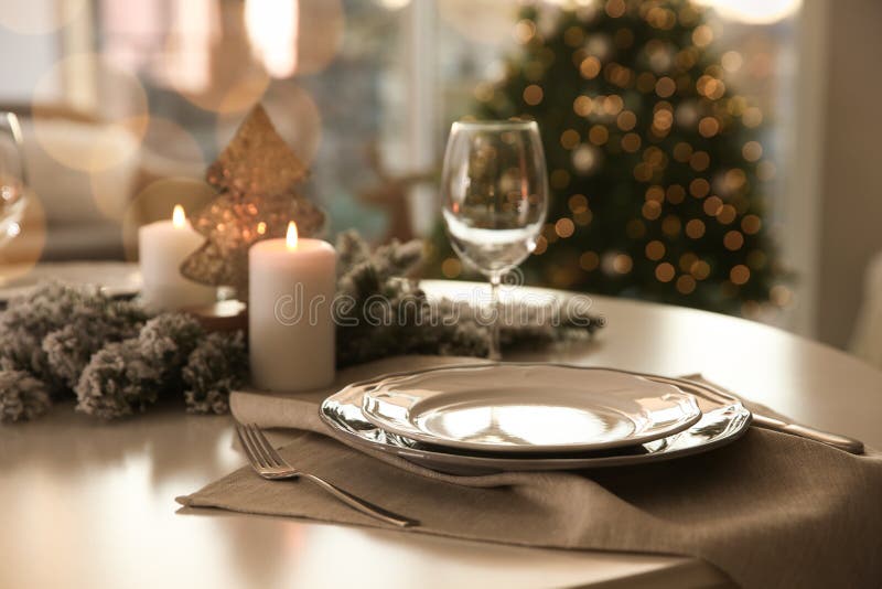 Festive Table Setting in Room Decorated for Christmas Stock Image ...