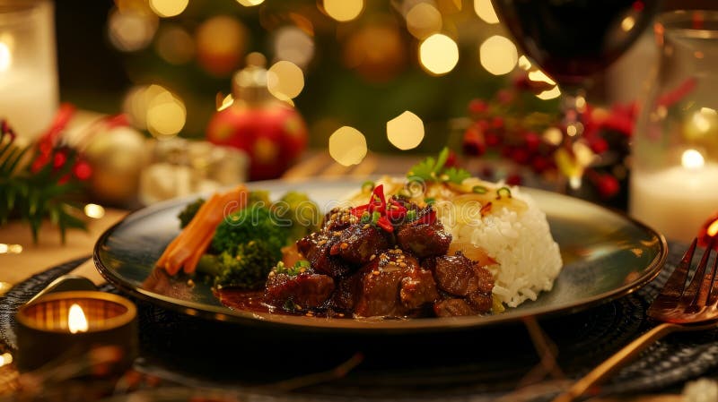 Festive Table Setting Showcasing Vibrant Teriyaki Beef and Rice ...