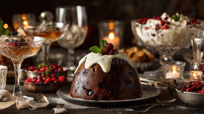 Festive Table Setting with Traditional Christmas Pudding, Berries, and ...