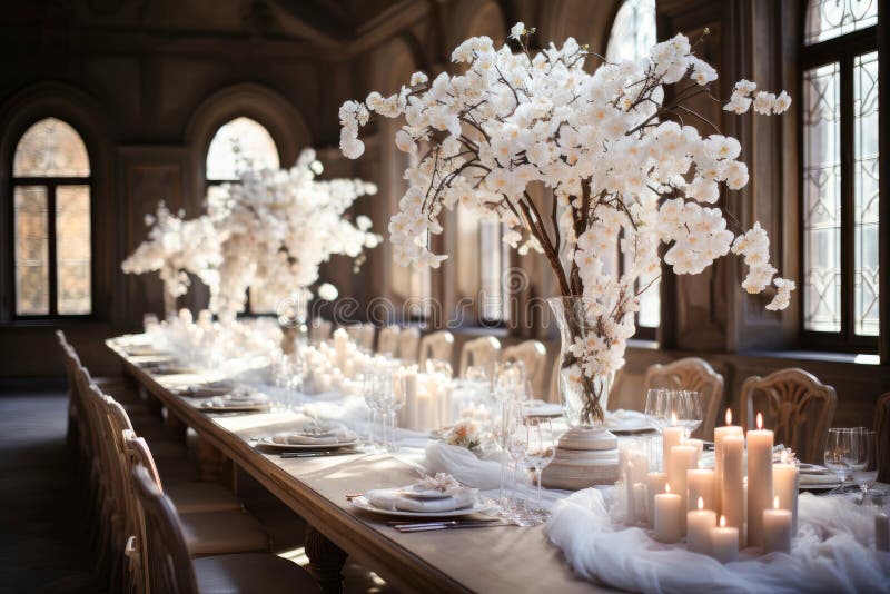 Festive Table Setting for Wedding Guests with Beautiful White Flowers ...