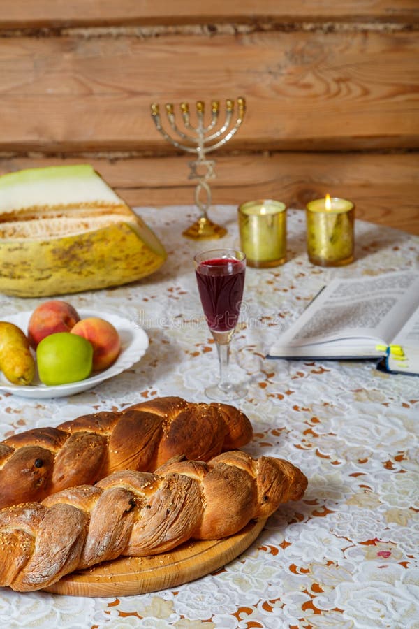 Festive Table for Shabbat with Challah Wine and Candles. Stock Image ...