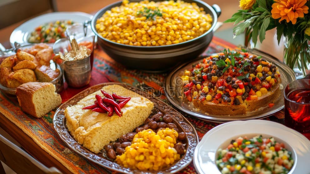 A Festive Table Spread with Cornbread, Chili, and Salad Stock ...