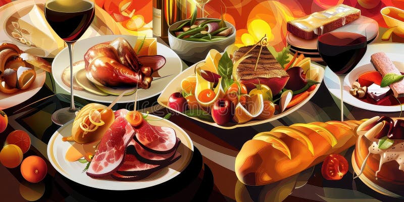 A Festive Table Spread, Delicious Food and Drink Stock Illustration ...