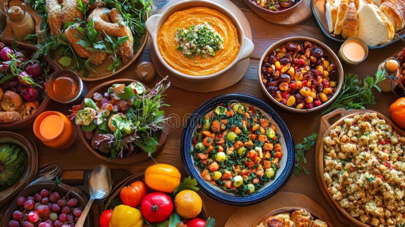 A Festive Table Spread with Various Dishes and Decorations Stock ...
