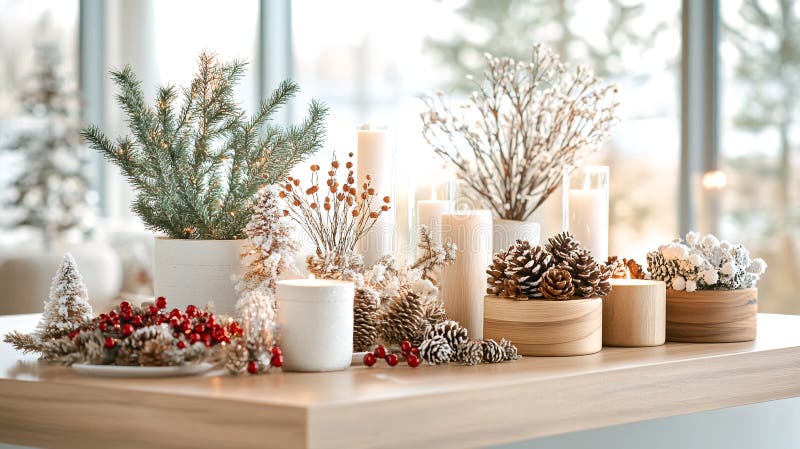 Festive Table with Winter-Themed Decor and Assortment of Natural ...