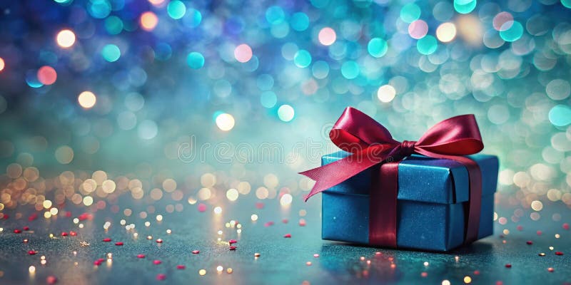 A Festive Teal Gift Box with a Crimson Bow on Sparkling Surface ...