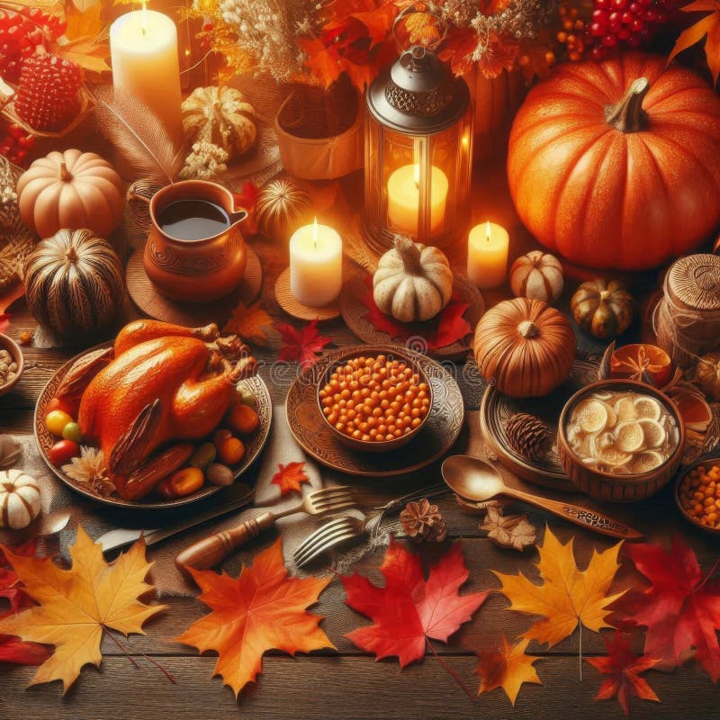 Festive Thanksgiving Background with Autumn Leaves and Decor Stock ...