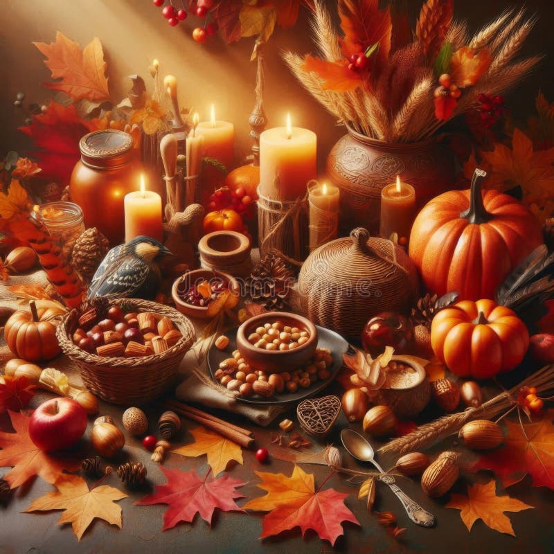 Festive Thanksgiving Background with Autumn Leaves and Decor Stock ...