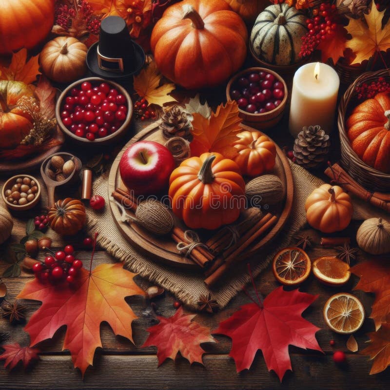 Festive Thanksgiving Background with Autumn Leaves and Decor Stock ...