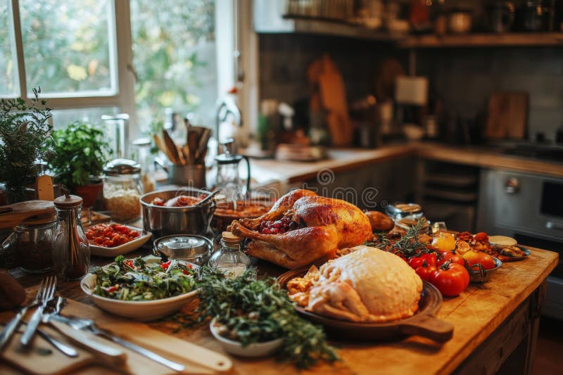 A Festive Thanksgiving Feast on a Rustic Kitchen Table Stock ...