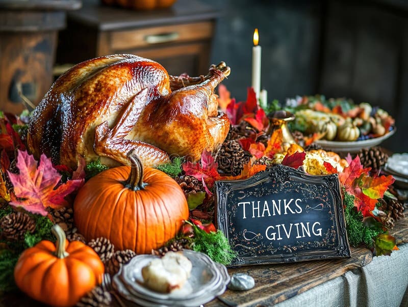 A Festive Thanksgiving Table with Roast Turkey and Other Traditional ...