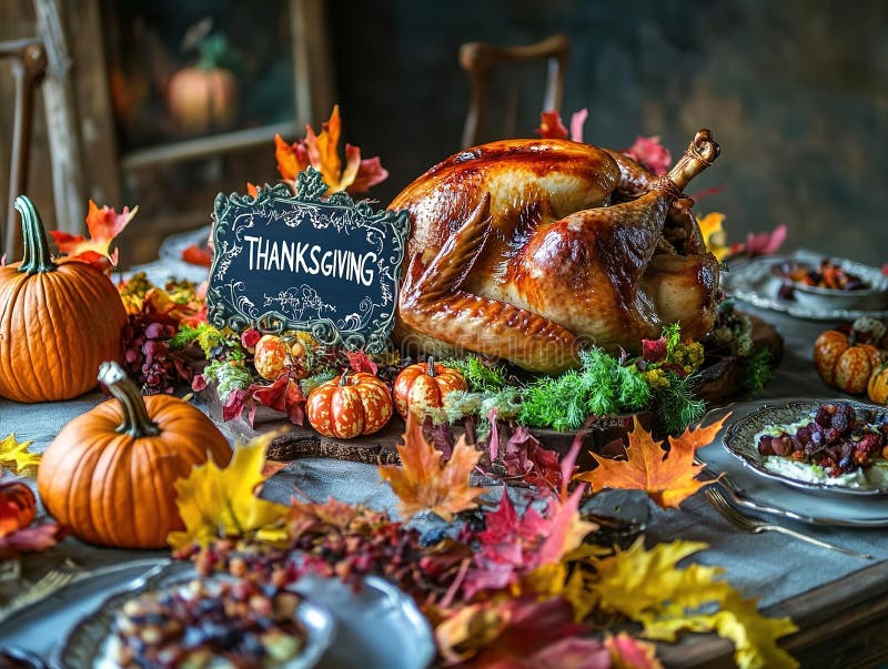 A Festive Thanksgiving Table with Roast Turkey and Other Traditional ...