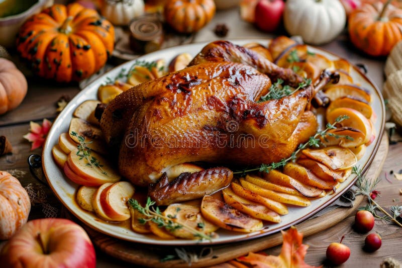 Festive Thanksgiving Table with Roasted Duck and Apples Stock Image ...