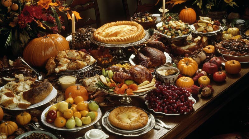 A Festive Thanksgiving Table Spread with Delicious Food Stock ...