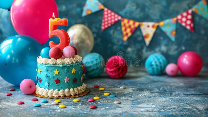 Festive Third Year Celebration with Number 5 Candle on Cake, Balloons ...