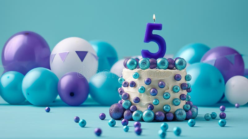 Festive Third Year Celebration with Number 5 Candle on Cake, Balloons ...