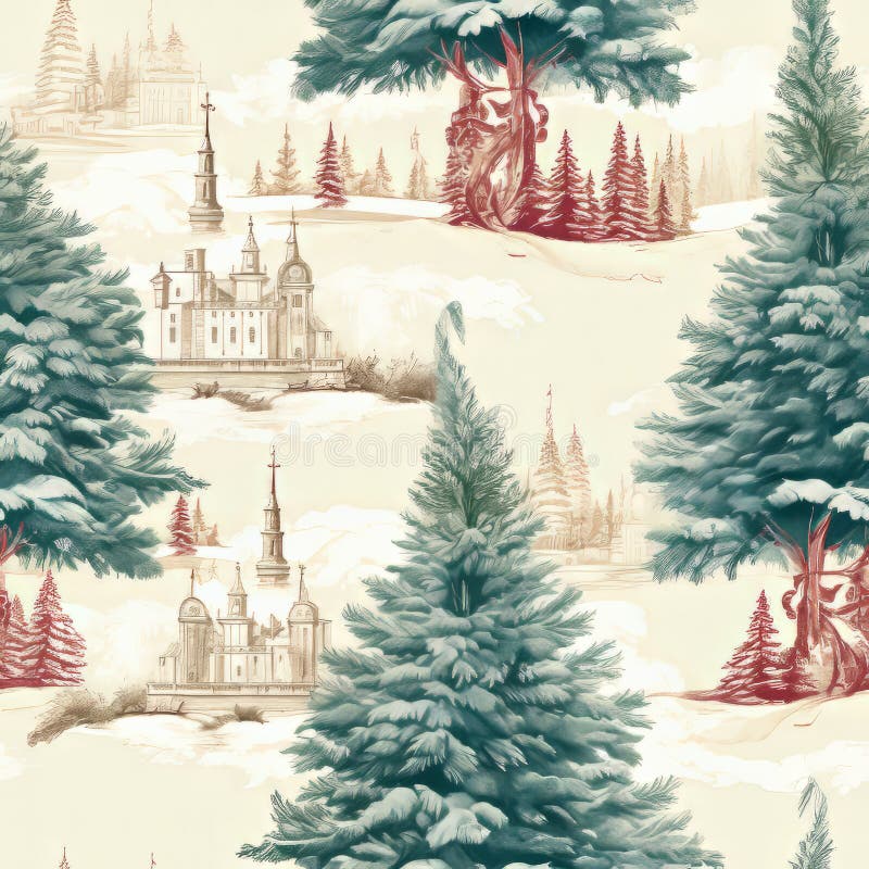 Festive and Tileable French Toile De Jouy Pattern with Trees and ...