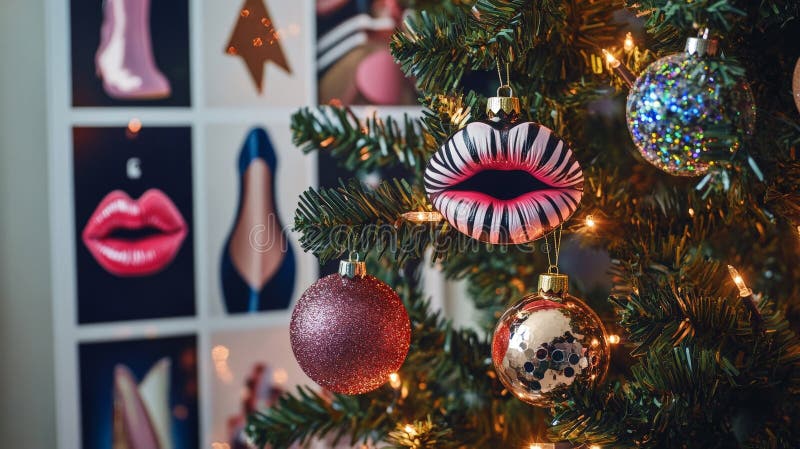 Festive Tree with Artistic Lip Ornaments and Glittering Baubles Stock ...