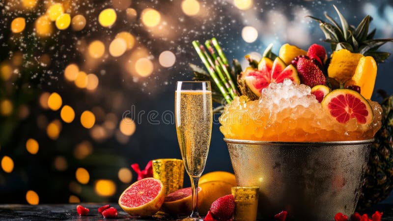Festive Tropical Cocktail with Champagne and Sparkling Lights Stock ...