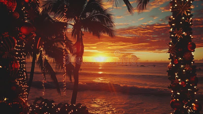 Festive Tropical Sunset with Decorated Palm Trees and Ocean View Stock ...