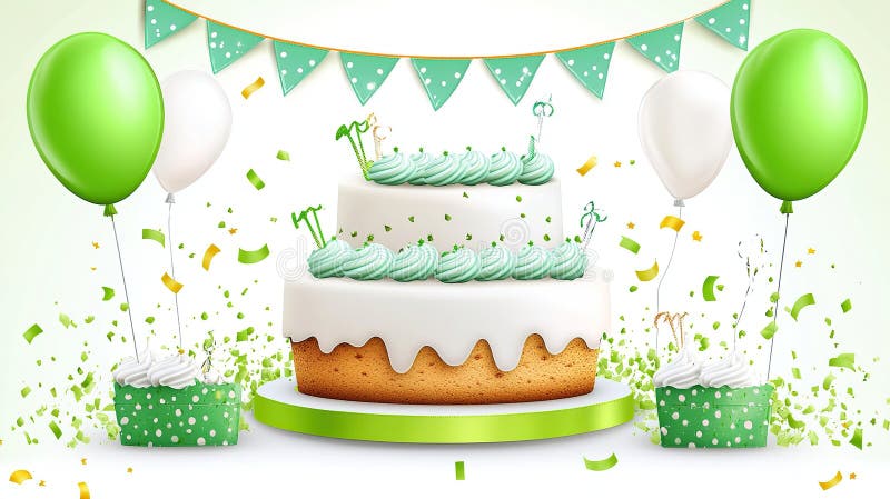 Festive Two-Tier Cake, Balloons, Confetti Celebration Stock Photo ...