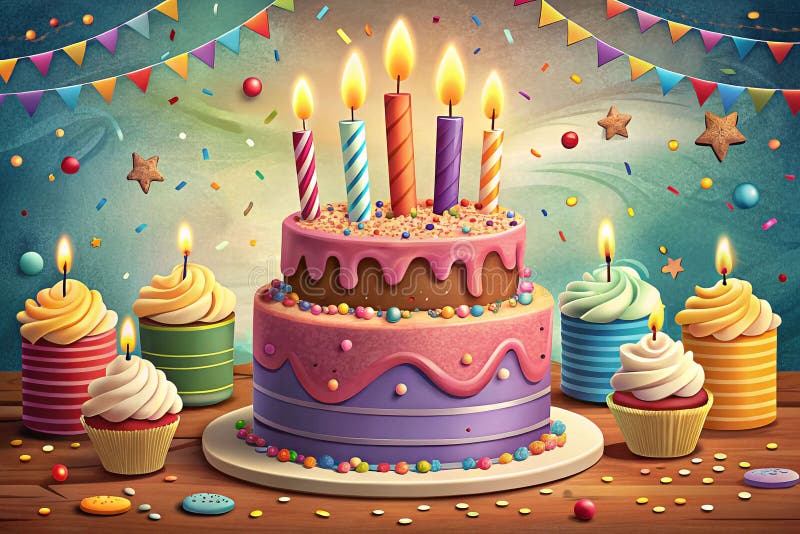 Festive Two-tiered Birthday Cake with Lit Candles and Cupcakes Stock ...