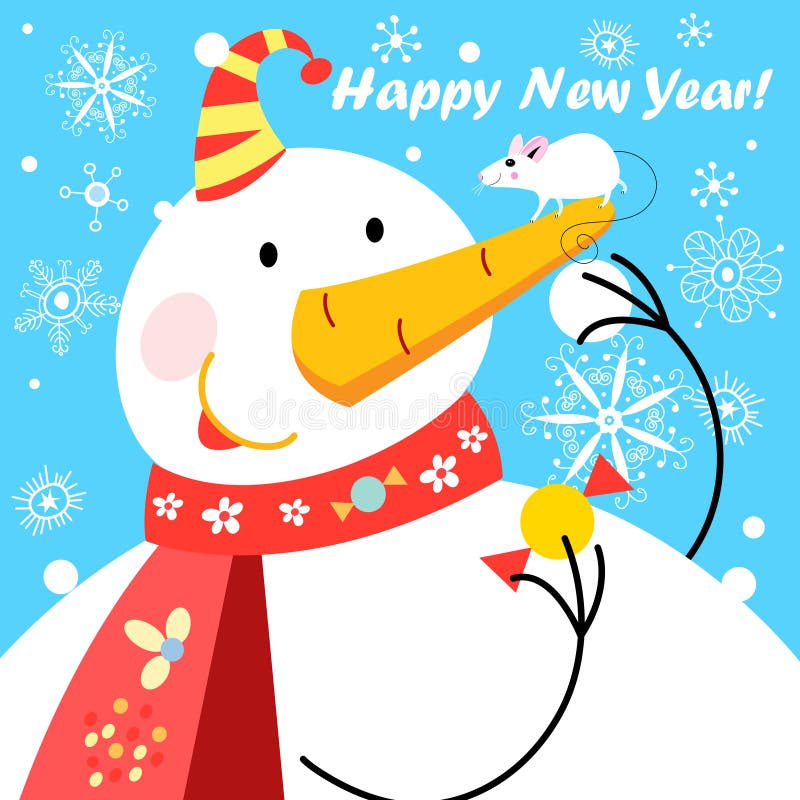 Festive Vector Greeting Card with a Big Snowman and a Mouse on a Blue ...