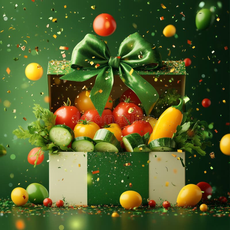 Festive Vegetable Box with Ribbon and Confetti Celebration Stock Photo ...