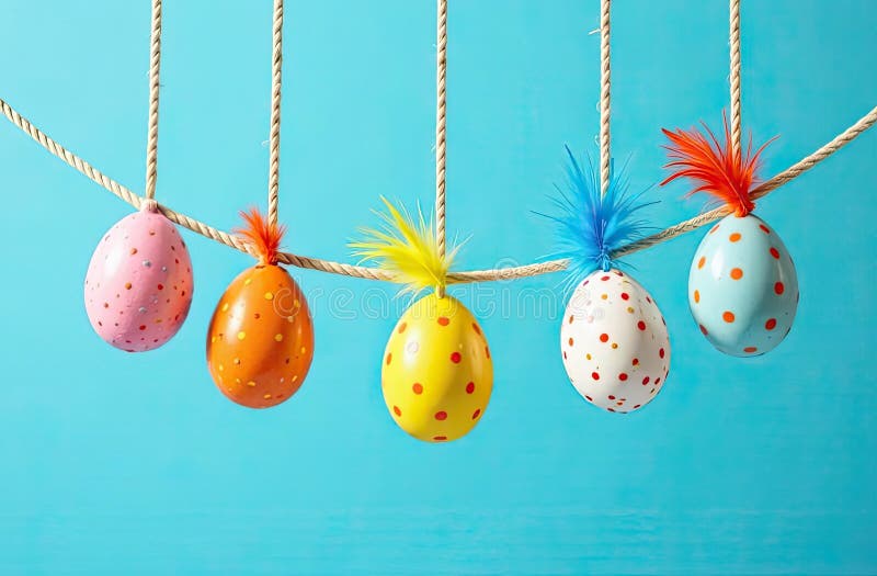 Colorful Easter Eggs Hanging on a Rope Against a Bright Blue Background ...