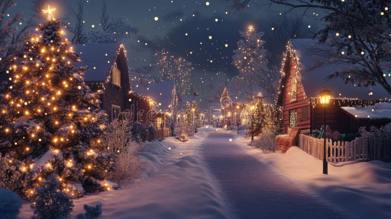 Festive Village Scene with Small Holiday Lights Stock Illustration ...