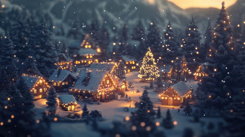 Festive Village Scene with Small Holiday Lights Stock Illustration ...