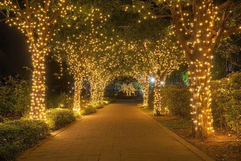 Festive Walkway Illuminated by String Lights in Peaceful Night Garden ...