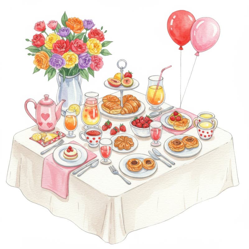 Festive Watercolor Breakfast Table Setting with Pastel Flowers and ...