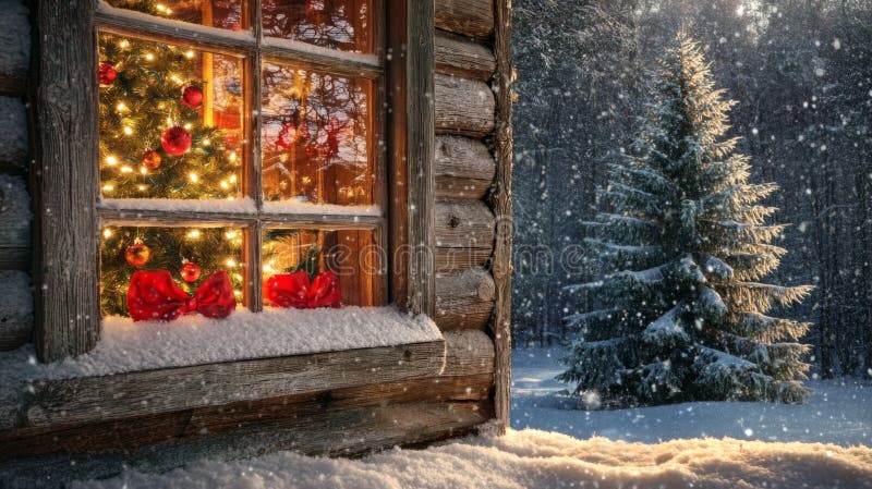 Festive Window View of a Christmas Tree with Lights and Ornaments in a ...
