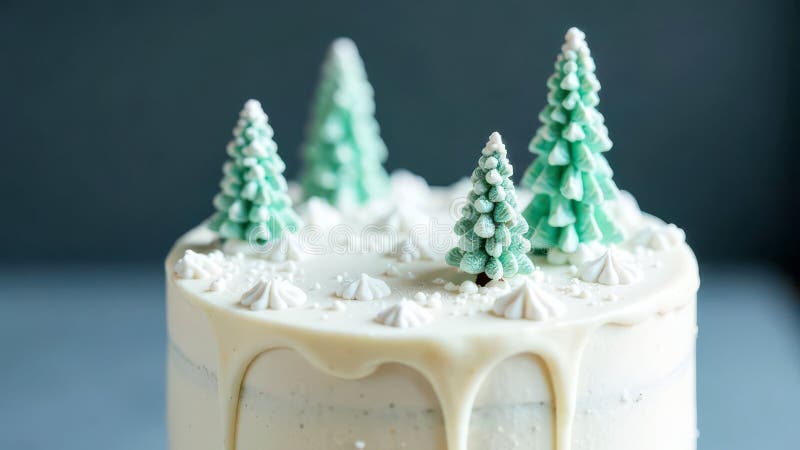 Festive Winter Cake with Icing Trees and Snowflake Decorations Stock ...