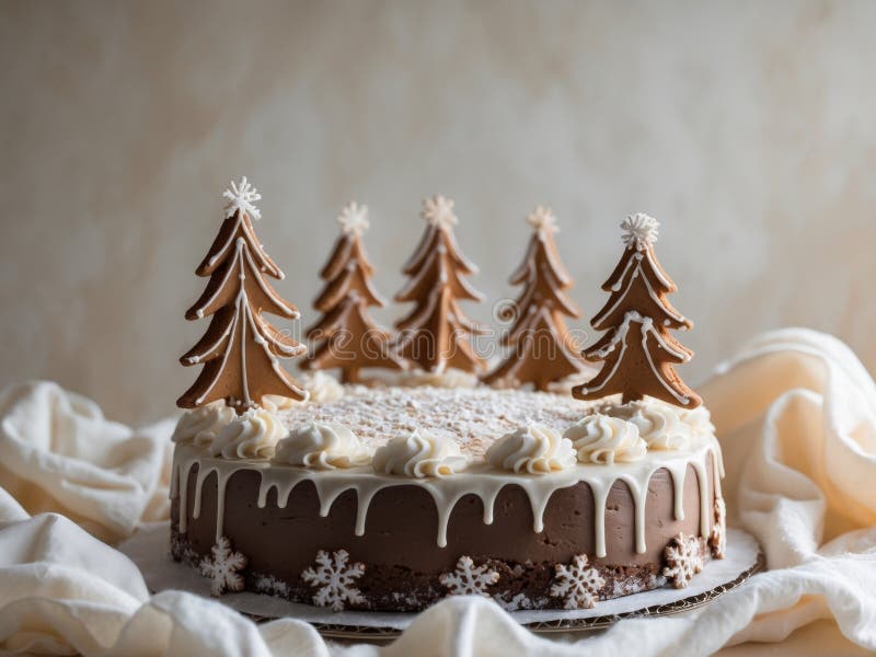 Festive Winter Chocolate Cake Decorated with White Icing and Gingerbread Trees Stock Image ...