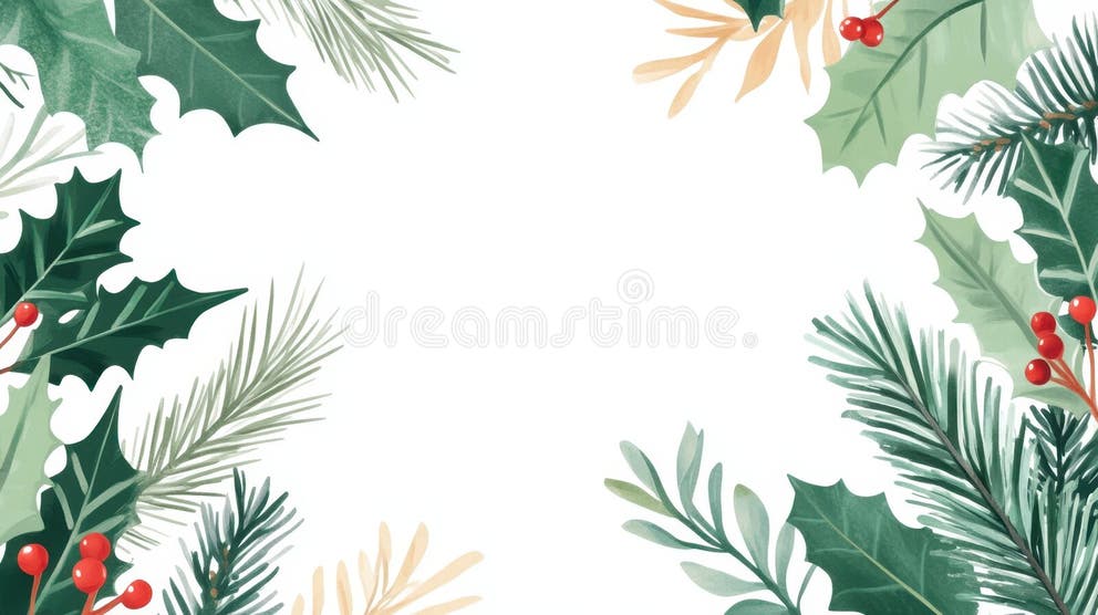 Festive Winter Frame with Holly and Pine Accents Stock Image - Image of ...