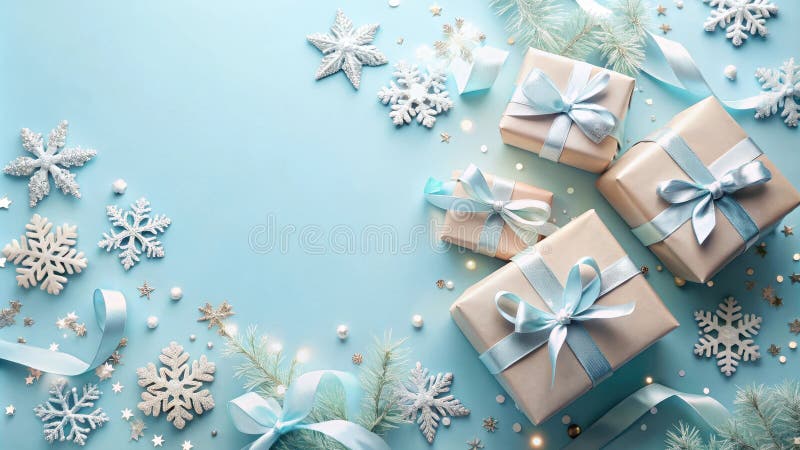 Festive Winter Gifts and Decorations on a Light Blue Background ...