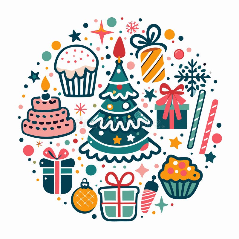 Festive Winter Holiday Circle Design with Gifts, Sweets, and Tree Stock ...
