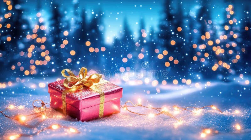 Festive Winter Night with a Gift Box Amid Sparkling Lights and Snowfall ...