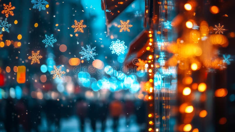 Festive Winter Night Scene with Bokeh Lights and Snowflakes Stock ...
